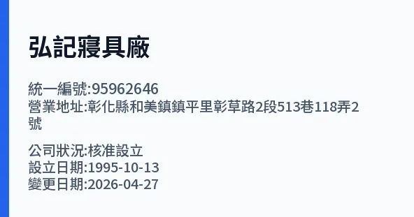 弘記寢具廠的照片-統編 95962646(彰化縣) 公司登記資料與營業項目詳細圖表