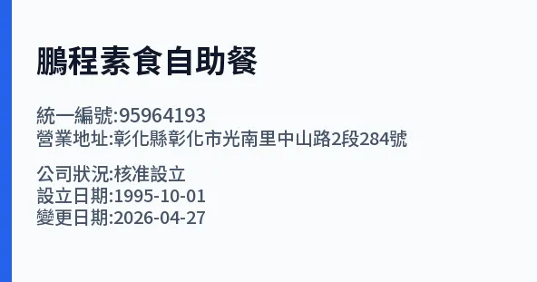 鵬程素食自助餐的照片-統編 95964193(彰化縣) 公司登記資料與營業項目詳細圖表