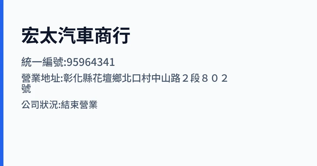 宏太汽車商行 - 統編 95964341(彰化縣) 公司登記資料與營業項目詳細圖表
