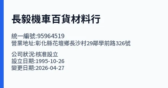 長毅機車百貨材料行的照片-統編 95964519(彰化縣) 公司登記資料與營業項目詳細圖表