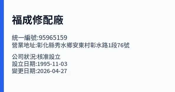 福成修配廠的照片-統編 95965159(彰化縣) 公司登記資料與營業項目詳細圖表