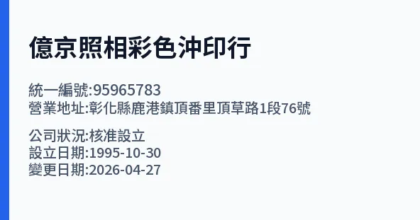 億京照相彩色沖印行的照片-統編 95965783(彰化縣) 公司登記資料與營業項目詳細圖表