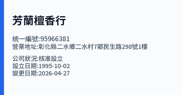 芳蘭檀香行的照片-統編 95966381(彰化縣) 公司登記資料與營業項目詳細圖表
