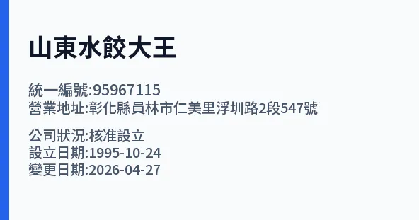 山東水餃大王的照片-統編 95967115(彰化縣) 公司登記資料與營業項目詳細圖表