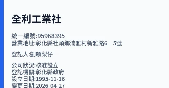 全利工業社的照片-統編 95968395(彰化縣) 公司登記資料與營業項目詳細圖表