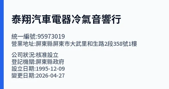 泰翔汽車電器冷氣音響行的照片-統編 95973019(屏東縣) 公司登記資料與營業項目詳細圖表