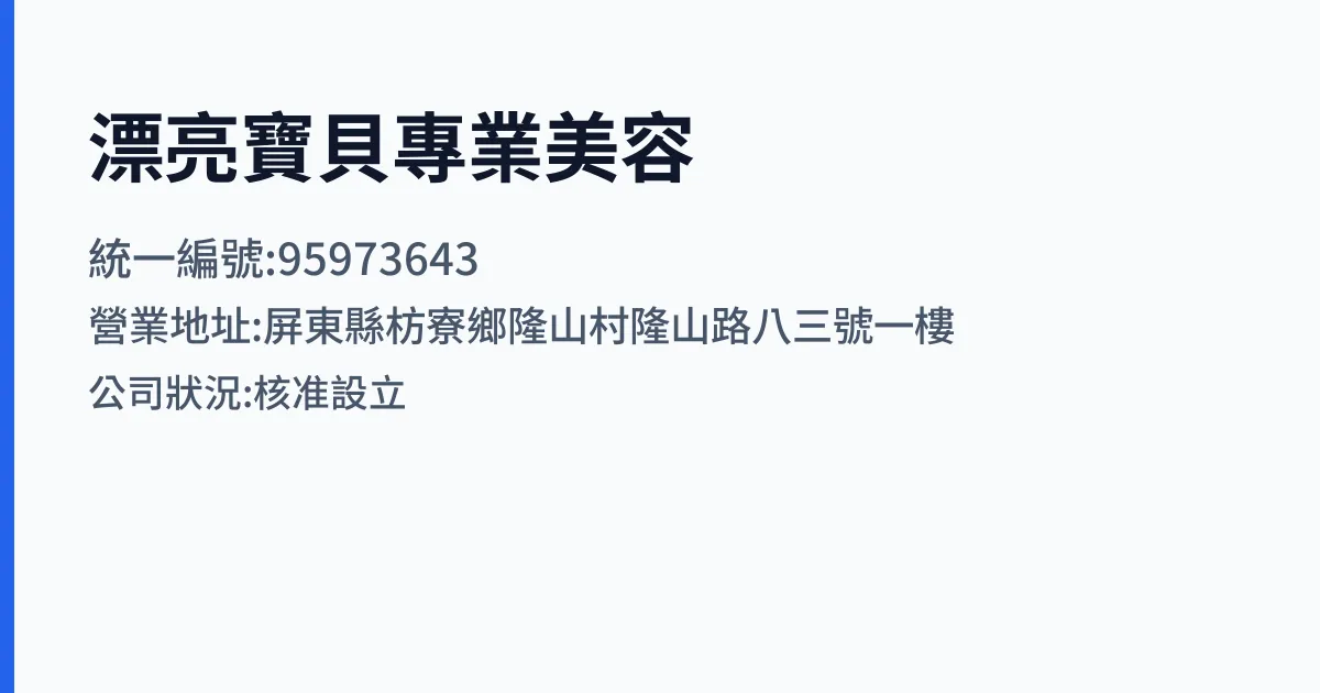 漂亮寶貝專業美容 - 統編 95973643(屏東縣) 公司登記資料與營業項目詳細圖表