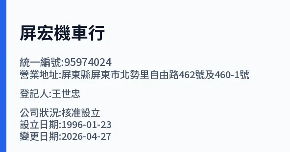 屏宏機車行的照片-統編 95974024(屏東縣) 公司登記資料與營業項目詳細圖表