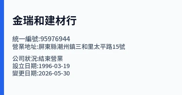 金瑞和建材行的照片-統編 95976944(屏東縣) 公司登記資料與營業項目詳細圖表