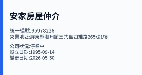 安家房屋仲介的照片-統編 95978226(屏東縣) 公司登記資料與營業項目詳細圖表