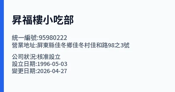 昇福樓小吃部的照片-統編 95980222(屏東縣) 公司登記資料與營業項目詳細圖表