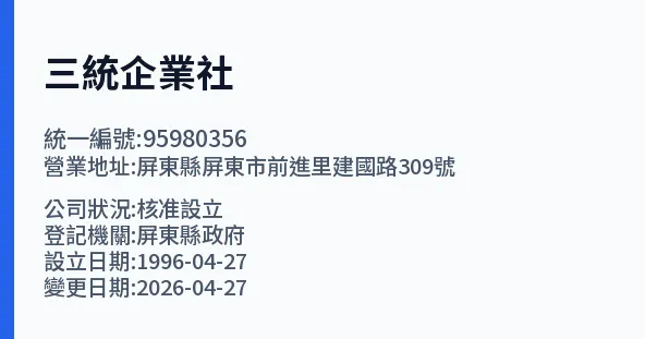 三統企業社的照片-統編 95980356(屏東縣) 公司登記資料與營業項目詳細圖表