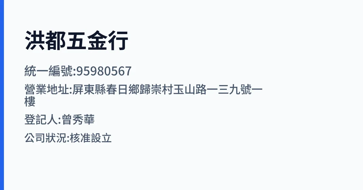 洪都五金行 - 統編 95980567(屏東縣) 公司登記資料與營業項目詳細圖表