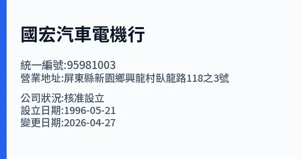國宏汽車電機行的照片-統編 95981003(屏東縣) 公司登記資料與營業項目詳細圖表
