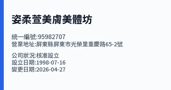 姿柔萱美膚美體坊的照片-統編 95982707(屏東縣) 公司登記資料與營業項目詳細圖表