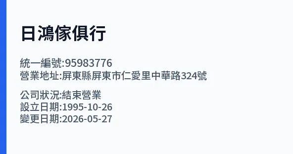日鴻傢俱行的照片-統編 95983776(屏東縣) 公司登記資料與營業項目詳細圖表