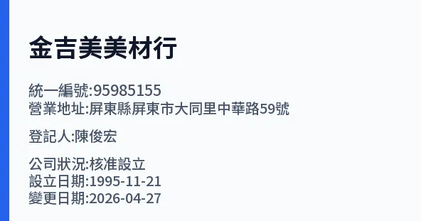 金吉美美材行的照片-統編 95985155(屏東縣) 公司登記資料與營業項目詳細圖表