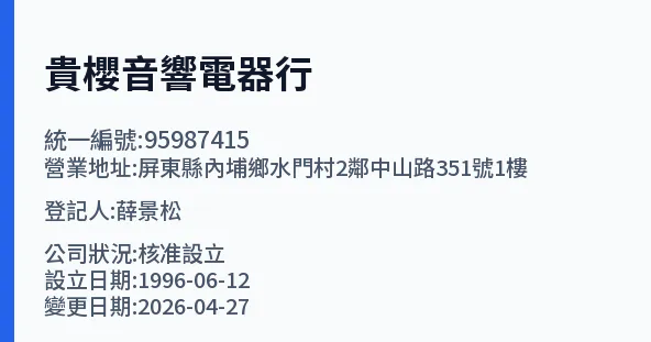 貴櫻音響電器行的照片-統編 95987415(屏東縣) 公司登記資料與營業項目詳細圖表