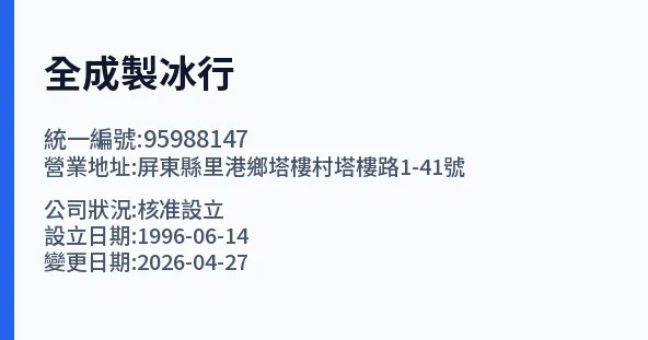 全成製冰行的照片-統編 95988147(屏東縣) 公司登記資料與營業項目詳細圖表