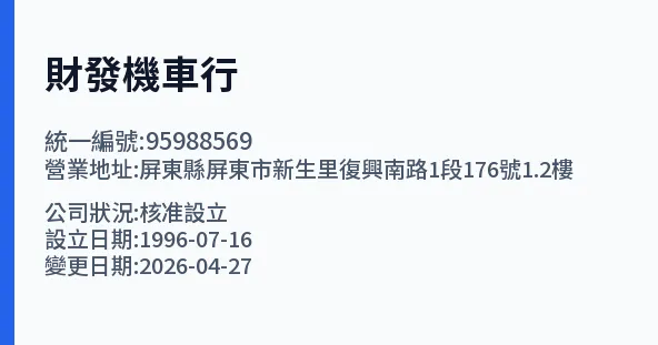 財發機車行的照片-統編 95988569(屏東縣) 公司登記資料與營業項目詳細圖表