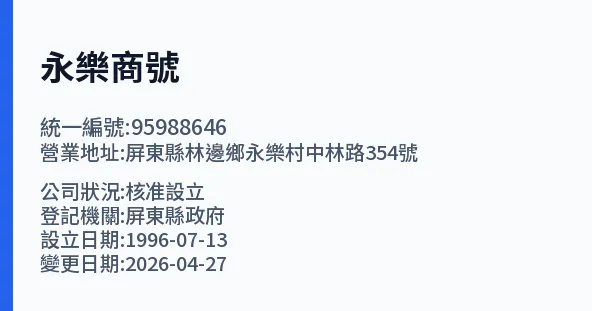 永樂商號的照片-統編 95988646(屏東縣) 公司登記資料與營業項目詳細圖表