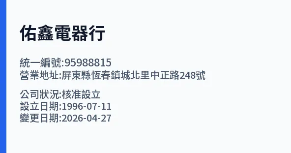 佑鑫電器行的照片-統編 95988815(屏東縣) 公司登記資料與營業項目詳細圖表