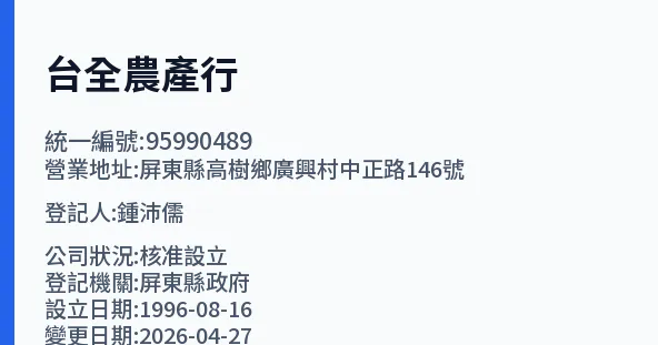 台全農產行的照片-統編 95990489(屏東縣) 公司登記資料與營業項目詳細圖表