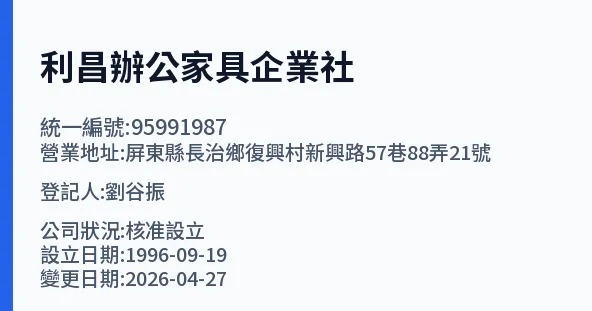 利昌辦公家具企業社的照片-統編 95991987(屏東縣) 公司登記資料與營業項目詳細圖表