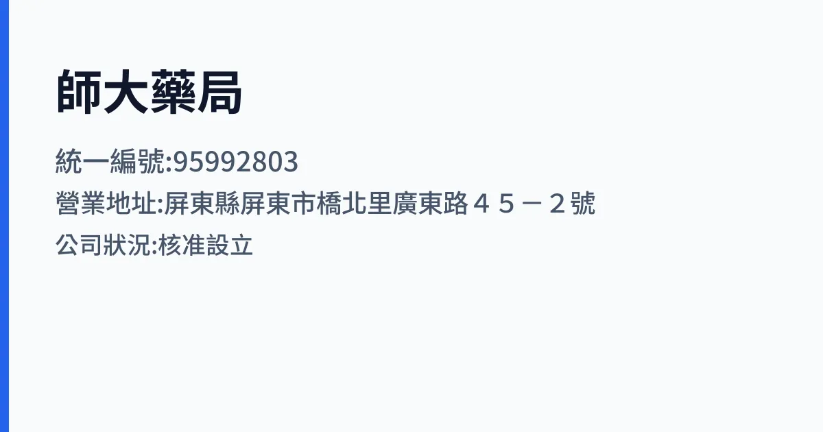 師大藥局 - 統編 95992803(屏東縣) 公司登記資料與營業項目詳細圖表