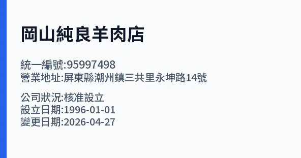 岡山純良羊肉店的照片-統編 95997498(屏東縣) 公司登記資料與營業項目詳細圖表