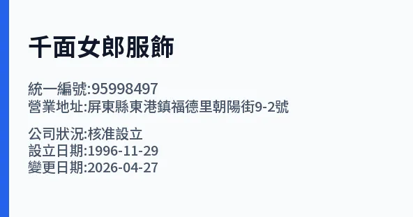 千面女郎服飾的照片-統編 95998497(屏東縣) 公司登記資料與營業項目詳細圖表