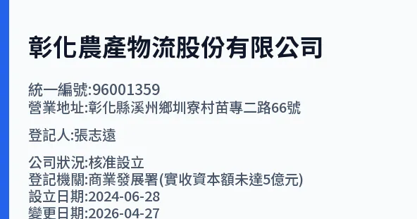 彰化農產物流股份有限公司的照片-統編 96001359(彰化縣) 公司登記資料與營業項目詳細圖表