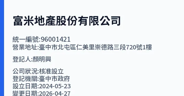 富米地產股份有限公司的照片-統編 96001421(臺中市) 公司登記資料與營業項目詳細圖表
