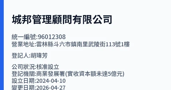 城邦管理顧問有限公司的照片-統編 96012308(雲林縣) 公司登記資料與營業項目詳細圖表