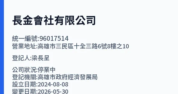 長金會社有限公司的照片-統編 96017514(高雄市) 公司登記資料與營業項目詳細圖表