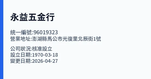 永益五金行的照片-統編 96019323(澎湖縣) 公司登記資料與營業項目詳細圖表