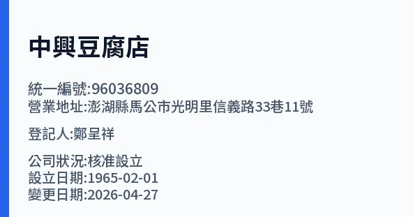 中興豆腐店的照片-統編 96036809(澎湖縣) 公司登記資料與營業項目詳細圖表