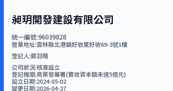 昶玥開發建設有限公司的照片-統編 96039828(雲林縣) 公司登記資料與營業項目詳細圖表