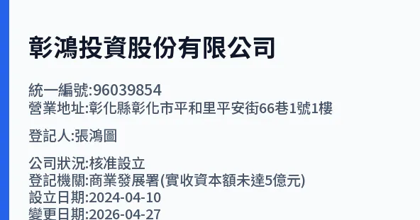彰鴻投資股份有限公司的照片-統編 96039854(彰化縣) 公司登記資料與營業項目詳細圖表
