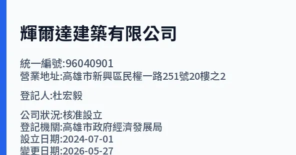 輝爾達建築有限公司的照片-統編 96040901(高雄市) 公司登記資料與營業項目詳細圖表