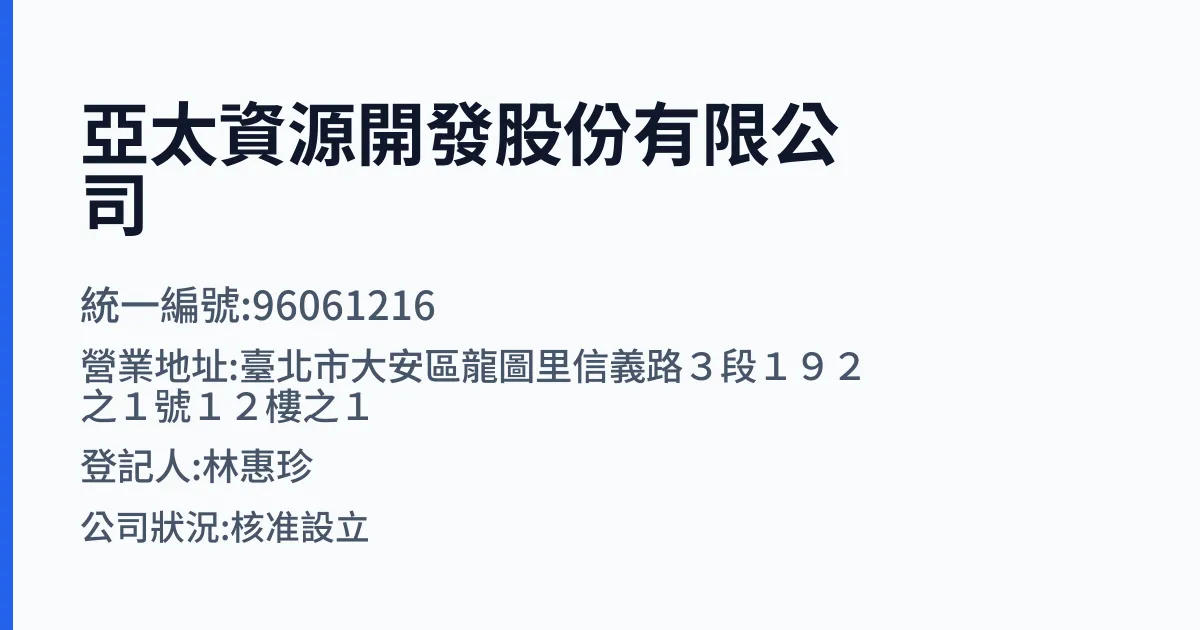 亞太資源開發股份有限公司 - 統編 96061216(臺北市) 公司登記資料與營業項目詳細圖表