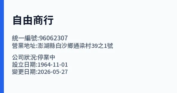 自由商行的照片-統編 96062307(澎湖縣) 公司登記資料與營業項目詳細圖表