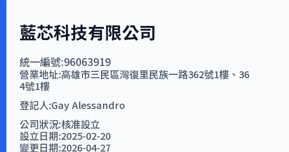 藍芯科技有限公司的照片-統編 96063919(高雄市) 公司登記資料與營業項目詳細圖表