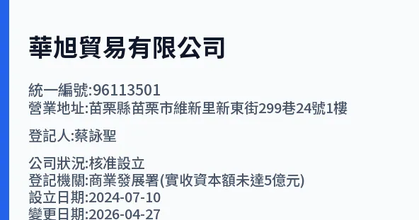 華旭貿易有限公司的照片-統編 96113501(苗栗縣) 公司登記資料與營業項目詳細圖表