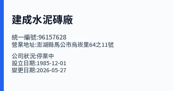 建成水泥磚廠的照片-統編 96157628(澎湖縣) 公司登記資料與營業項目詳細圖表