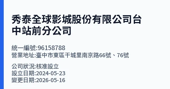 秀泰全球影城股份有限公司台中站前分公司的照片-統編 96158788(臺中市) 公司登記資料與營業項目詳細圖表