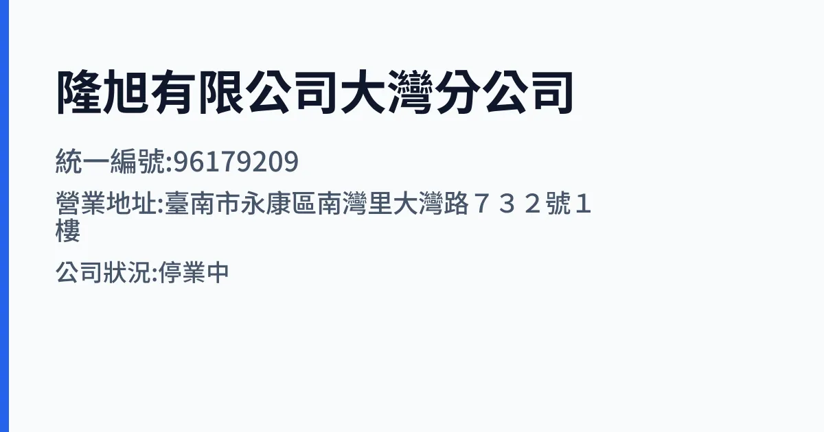 隆旭有限公司大灣分公司 - 統編 96179209(臺南市) 公司登記資料與營業項目詳細圖表