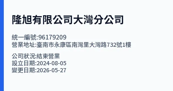 隆旭有限公司大灣分公司的照片-統編 96179209(臺南市) 公司登記資料與營業項目詳細圖表