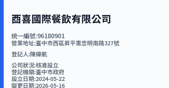 酉喜國際餐飲有限公司的照片-統編 96180901(臺中市) 公司登記資料與營業項目詳細圖表