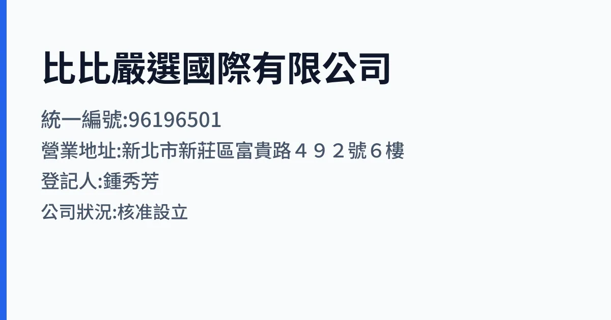 比比嚴選國際有限公司 - 統編 96196501(新北市) 公司登記資料與營業項目詳細圖表